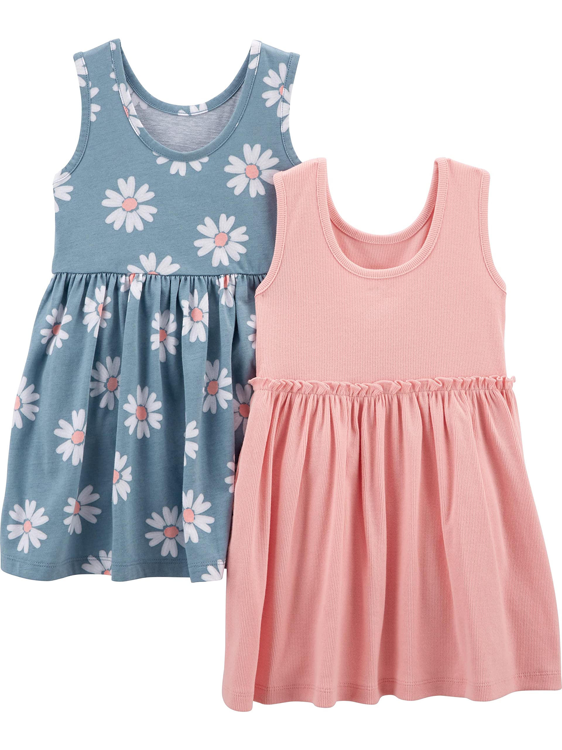 Simple Joys by Carter's Girls' Short-Sleeve and Sleeveless Dress Sets, Pack of 2, Dusty Blue Floral/Pink, 18M