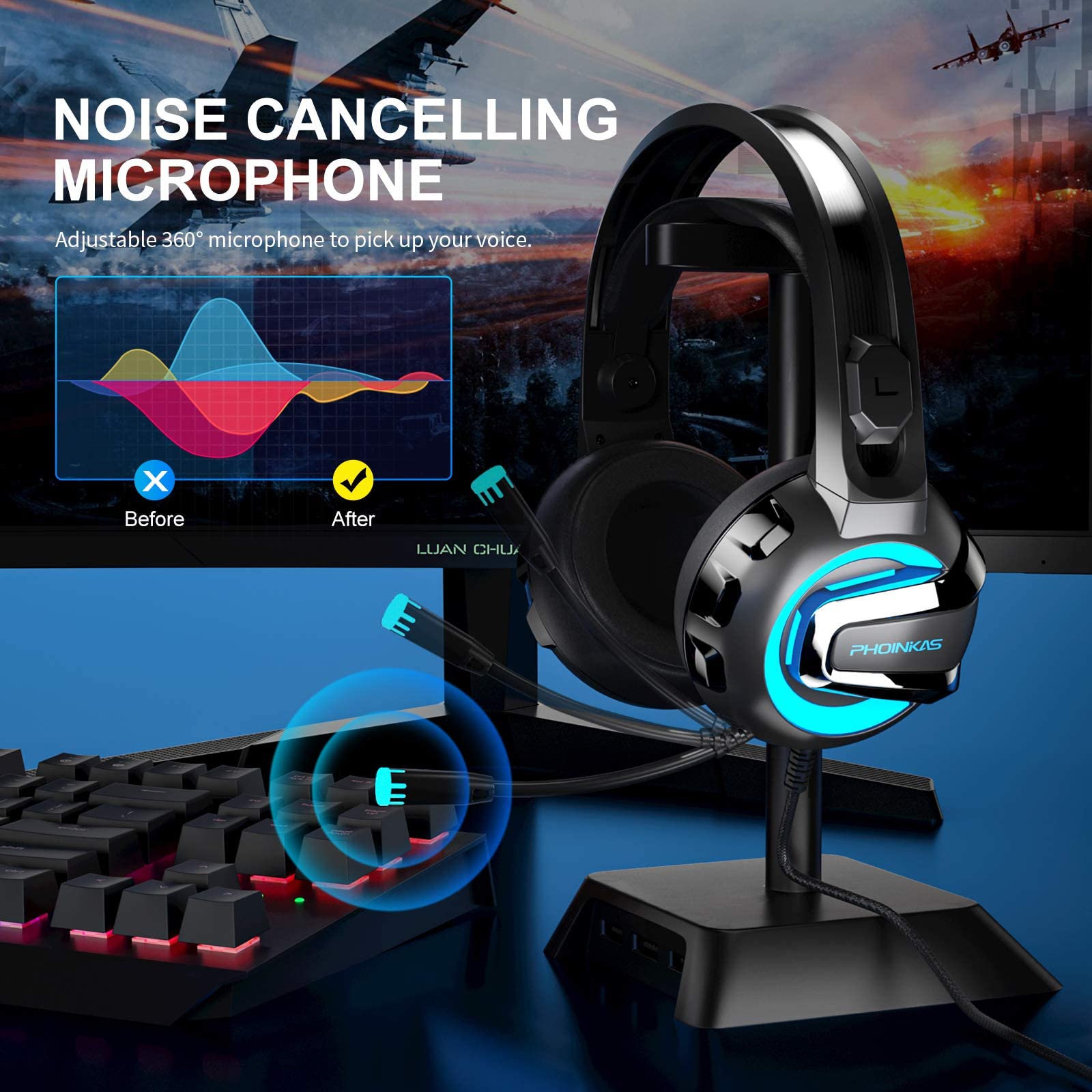YOTMS Wired Gaming Headset,H9 Gaming Headset for Xbox One, PS4, PS5, PC, Controller, Noise Cancelling Over Ear Headphones with Mic, Bass Surroun (Black Blue)