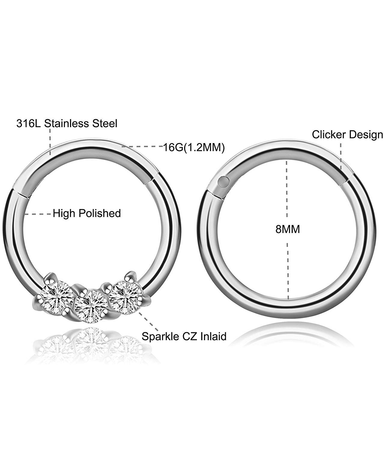 Tinblin 16G 2PCS 316L Stainless Steel Nose Rings Hoop Septum Clicker Ring Cartilage Tragus Piercing 8MM (silver)