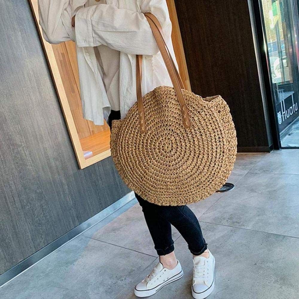 Straw Bag Women Handwoven Round Straw Handbag Natural Chic Large Summer Beach Tote Woven Handle Shoulder Bag (Khaki)
