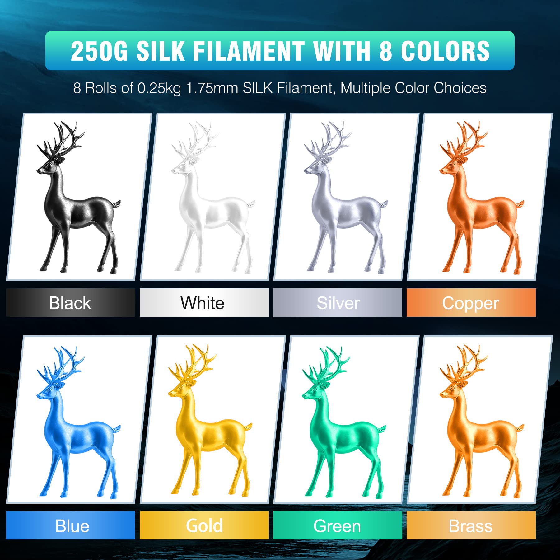 SUNLU 250G PLA Meta and Silk PLA Filament 1.75mm Bundle, 3D Printer Filament Bundle Multicolor,,0.25 kg Spool, 8 Rolls,Black+White+Grey+Blue+Green+Red+Pink+Yellow
