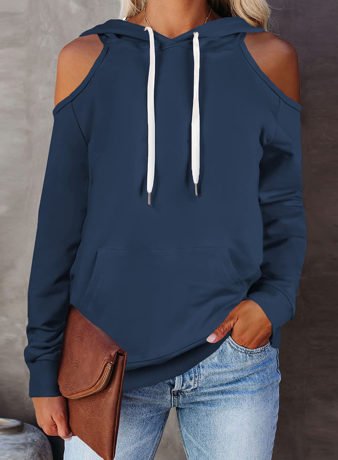 Women Cut Cold Shoulder Hooded Sweatshirt Long Sleeve Pullover Hoodies with Pockets Dark Blue 2XL