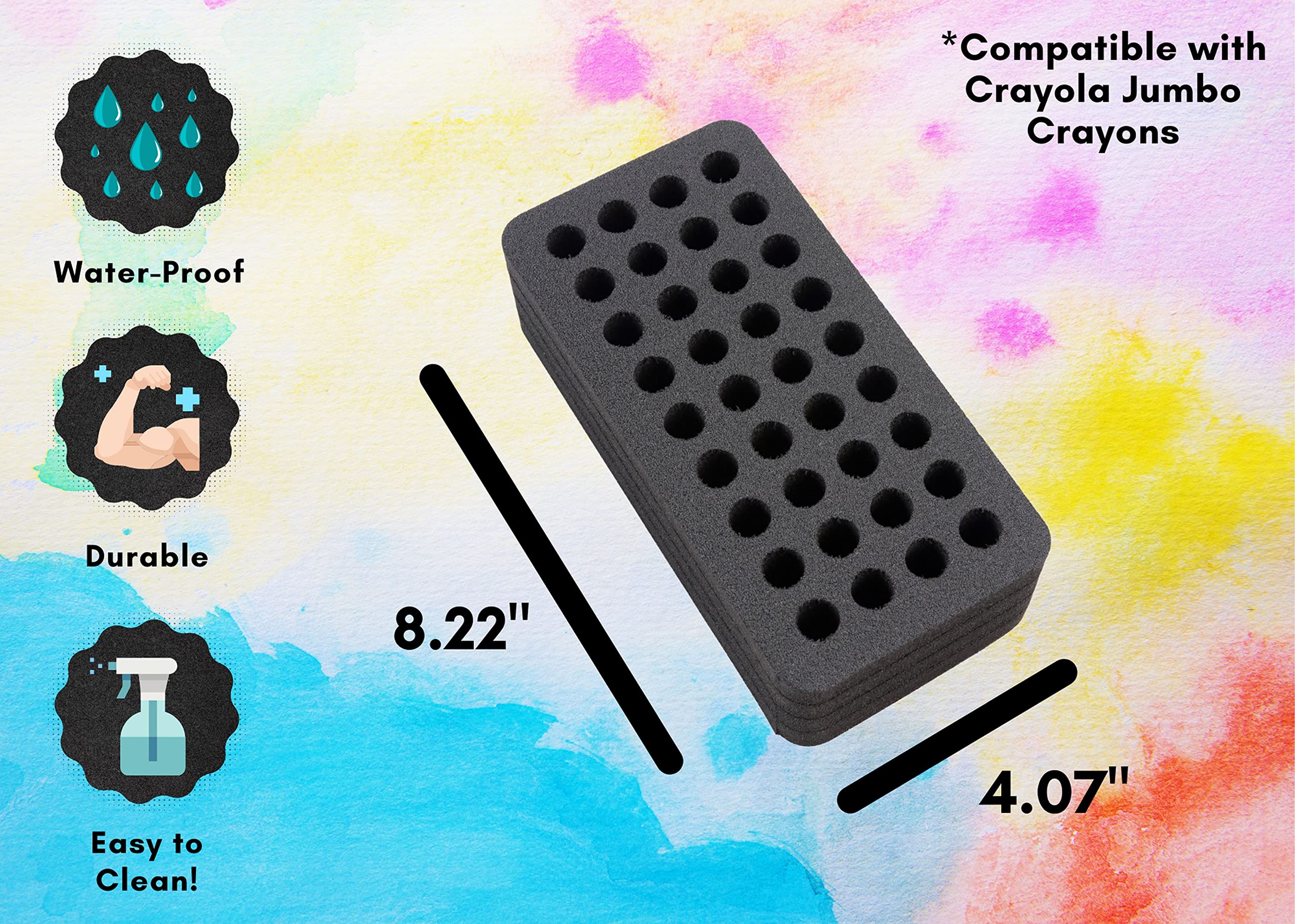 Polar Whale Jumbo Crayon Desk Stand Organizer Compatible with Crayola and Others Design Storage Tray Supply Non-Scratch Non-Rattle Washable Durable Black Foam Holds 36