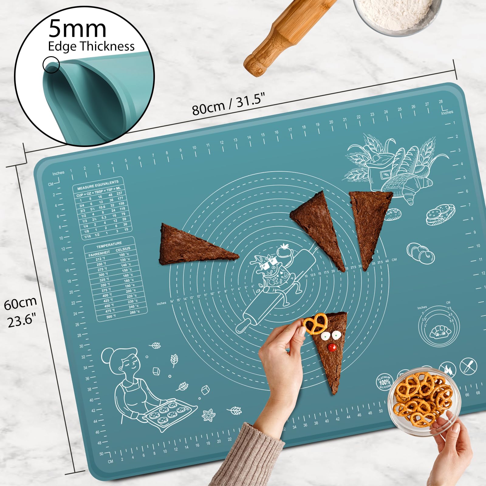 Silicone Pastry Mat Extra Thick Non-stick Baking Mat, 32" x 24" Rolling Dough With Measurements Non-slip Silicone Mat, Kneading Mat, Counter Mat, Dough Mat with Edge Heightening