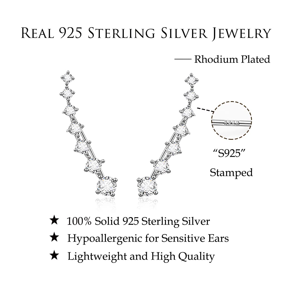 Reffeer 925 Sterling Silver 7 Crystals Ear Cuffs Earrings Climber Wraps for Women Crawler Earrings (A-Silver)