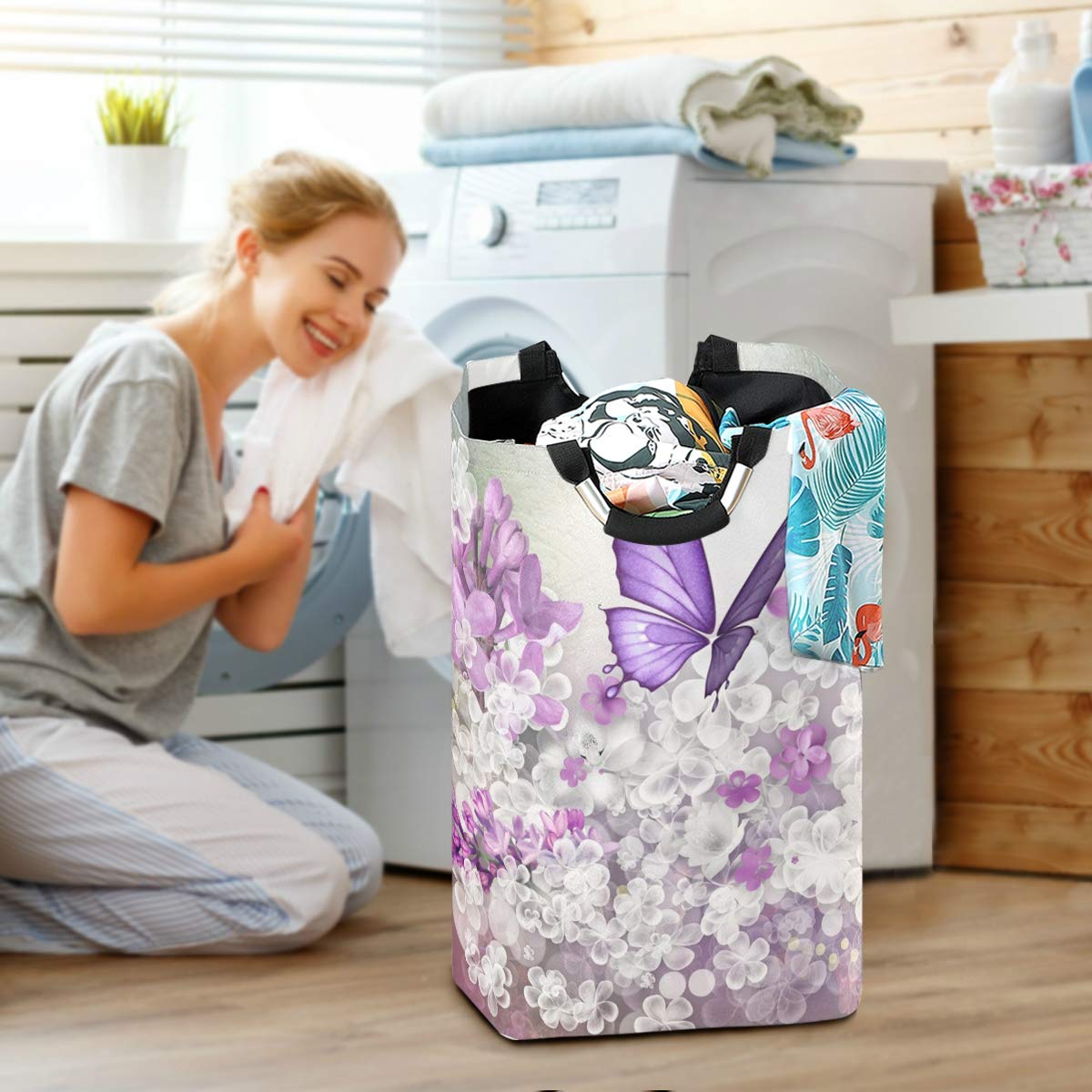 senya Butterflies Flowers Purple Large Storage Basket Collapsible Organizer Bin Laundry Hamper for Nursery Clothes Toys