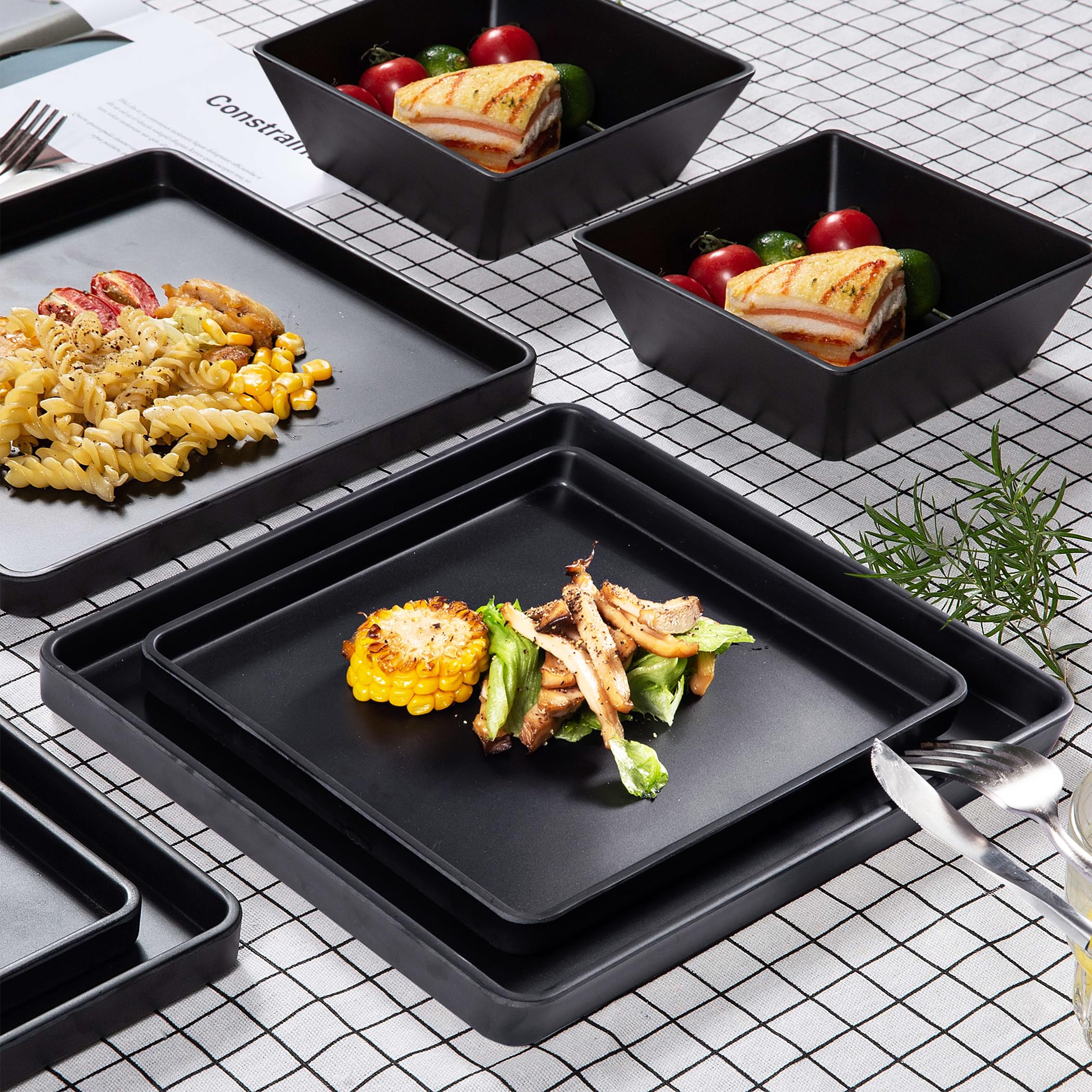 Yinshine Melamine Dinnerware Sets - 12pcs Square Plates and Bowls Set, Dishes Set, Black