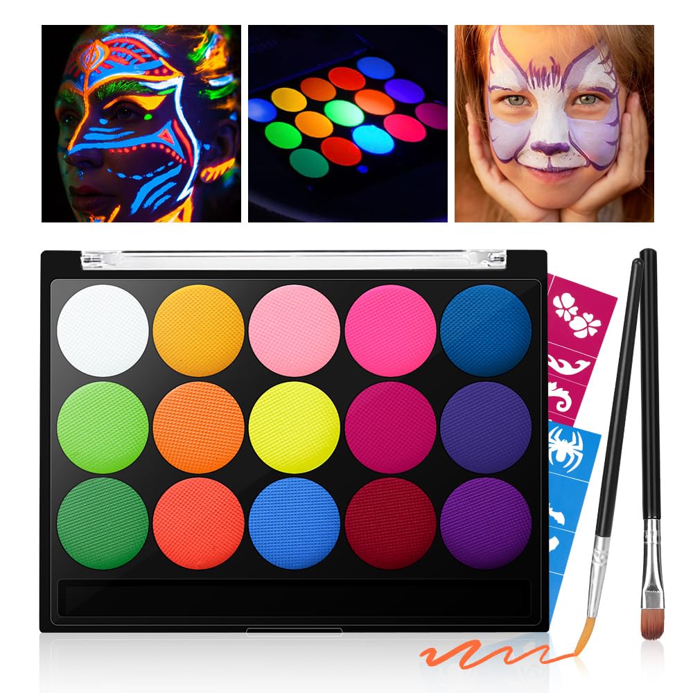 Skymore Glow in The Dark UV Body Paint 15pcs Face Paints for Kids & UV Neon Glow Face Painting Kits with 2 Brushes&Stencils for Halloween and Parties, Washable, Hypoallergenic