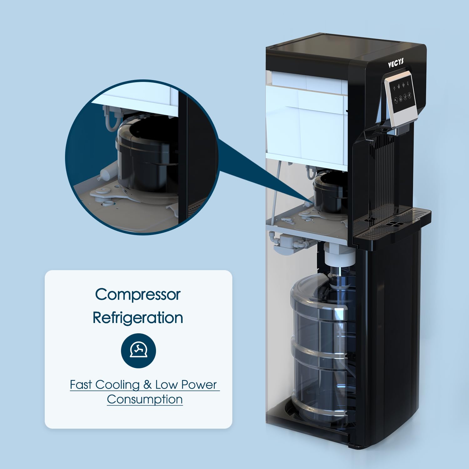 VECYS Water Dispenser with Ice Maker, 26LBS Daily Ice Making and Cold Water Supply, Bottom Loading Cooler Compatible with 3 or 5 Gallon Bottles, Ideal for Home and Office (No Hot Water)