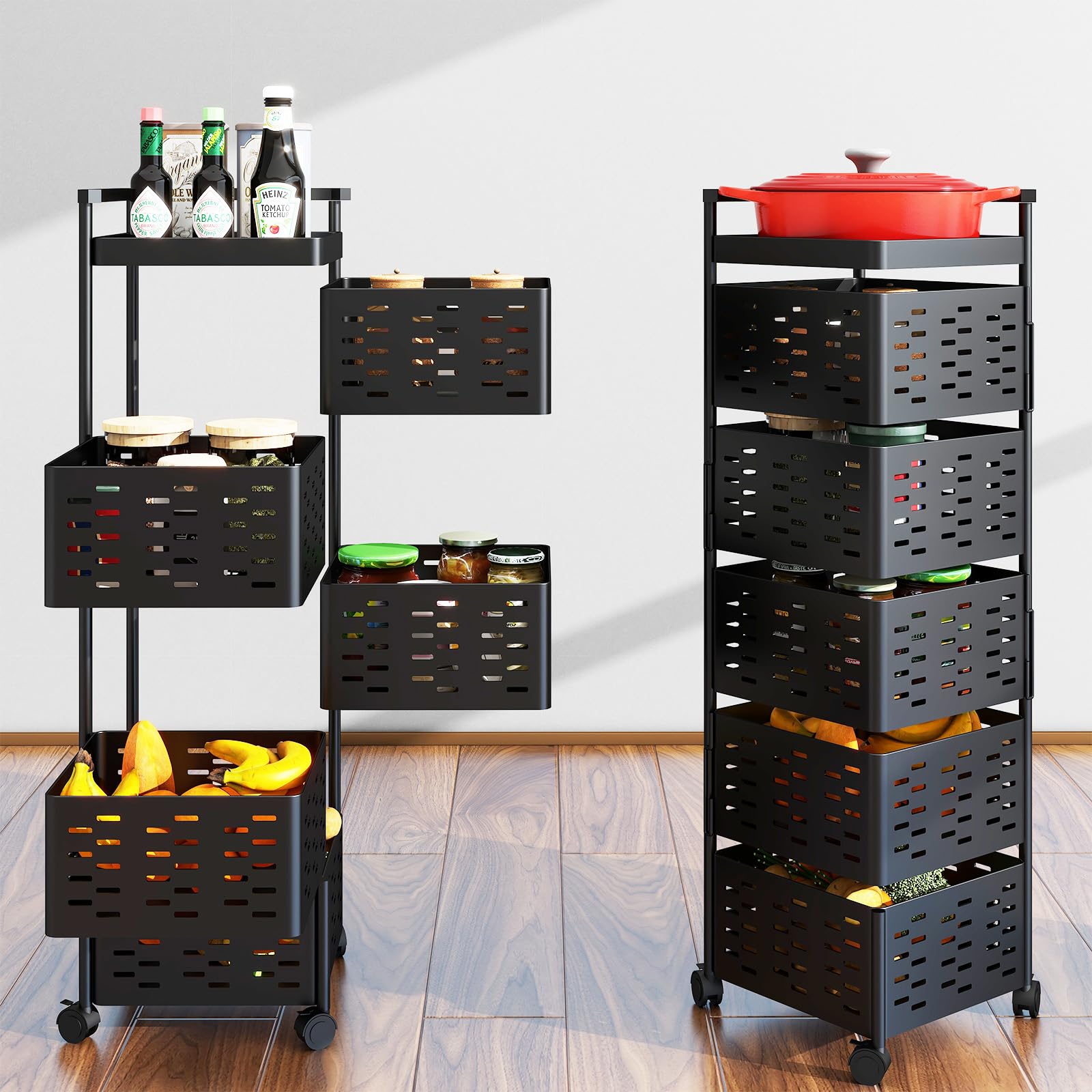 PzewMo Rotating Storage Rack, 5 Tiered Shelf Organizer, Metal Rolling Cart with Swivel Drawers, Fruit Basket, Kitchen Bathroom Pantry Organization, Vegetable Onion Potato Storage (Black)