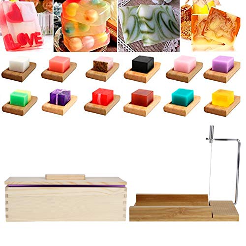 Silicone Soap Molds, DIY Soap Making Kit, Reusable Hand‑Made Soap Cutter, Wooden Soap Molds DIY Crafts Accessory for Making Soap Candle Bread Chocolate (with lid)