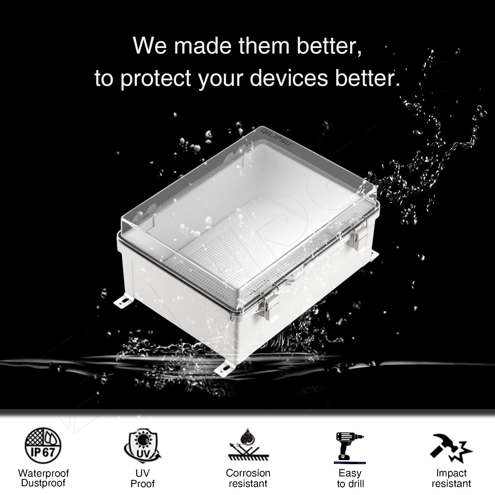 QILIPSU Clear Hinged Cover Stainless Steel Latch 370x270x150mm Junction Box with Mounting Plate, ABS Plastic DIY Electrical Project Case IP67 Waterproof Dustproof Enclosure Grey (14.6"x10.6"x5.9" CC)