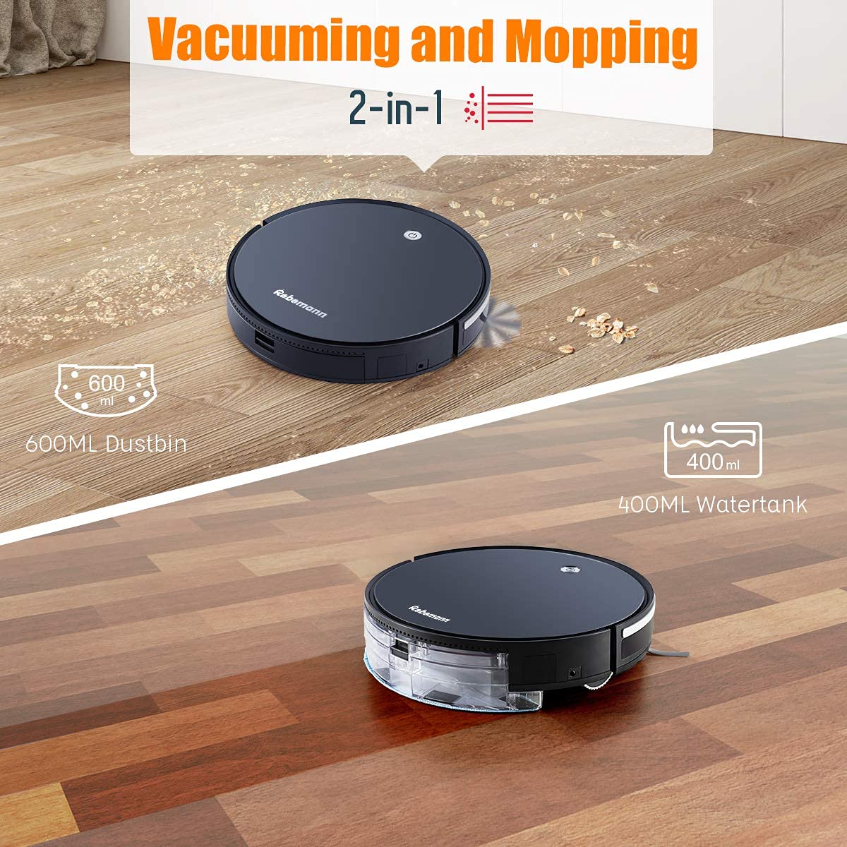 Robot Vacuum and Mop Cleaner, Robomann X9 Adopt Upgraded GYRO Navigation Technology, App Control, Scheduled, 600ML Dustbox, 400ML Watertank, 120 Mins Runtime, Compatible with Alexa