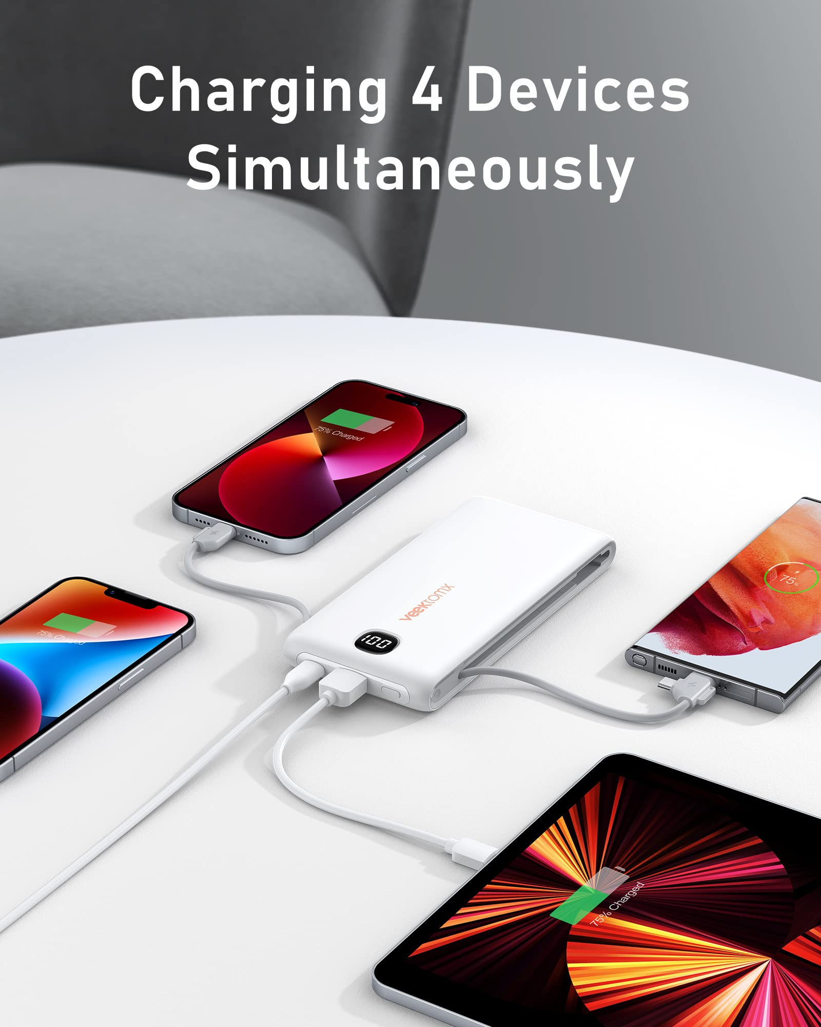 VEEKTOMX Power Bank with Built in Cables 22.5W 10000mAh, Portable Charger for iPhone with AC Wall Plug, Fast Charging USB C Slim iPhone Charger with LED Display Compatible with iPhone15/14/13, Samsung