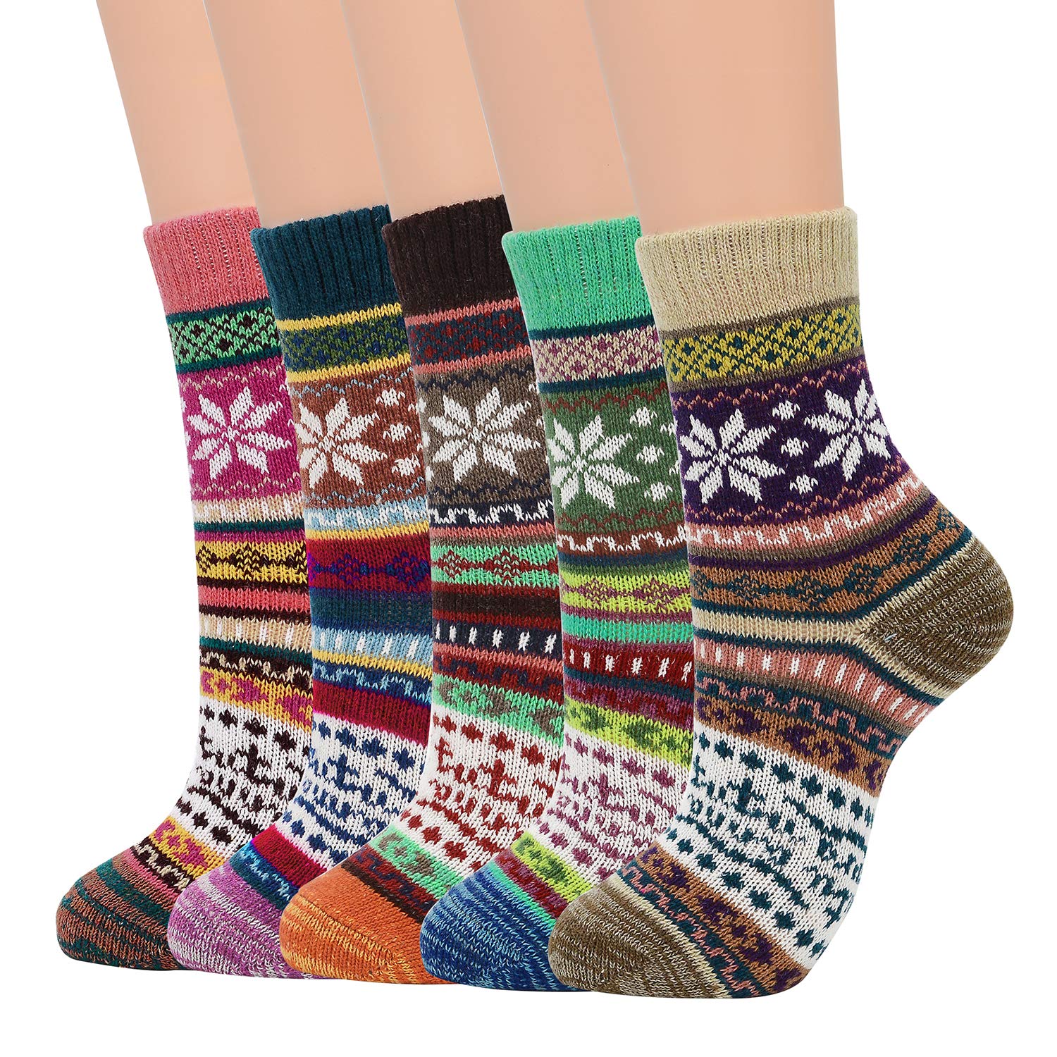 Zando Women's Fall Winter Hiking Socks Wool Socks for Women Boot Socks Vintage Wool Socks Soft Warm Socks Thick Knit Cozy Socks Crew Socks Shoe Size:5-9 Bright Color Snowflake