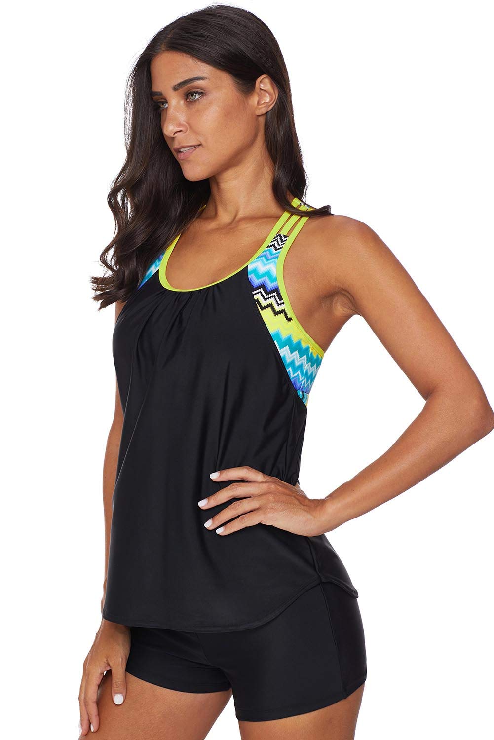 REKITA Women's Swimsuits Color Block Tankini Top Boyshort Swimwear