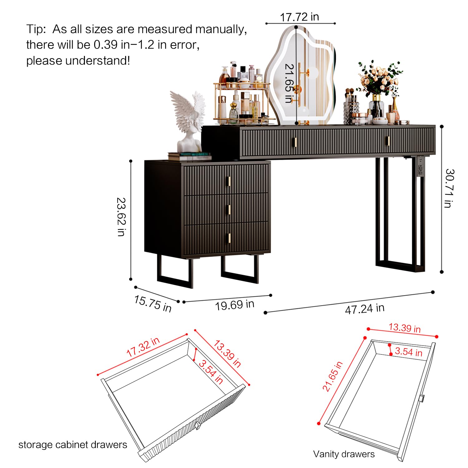 sbdmirau White,large Vanity Desk with 3 Color Touch Screen Dimming Mirror, Modern Retractable Makeup Dressing Table with Adjustable Cabinet and 5 Sliding Drawers,Vanity Table Set,Writing Desk Bedroom