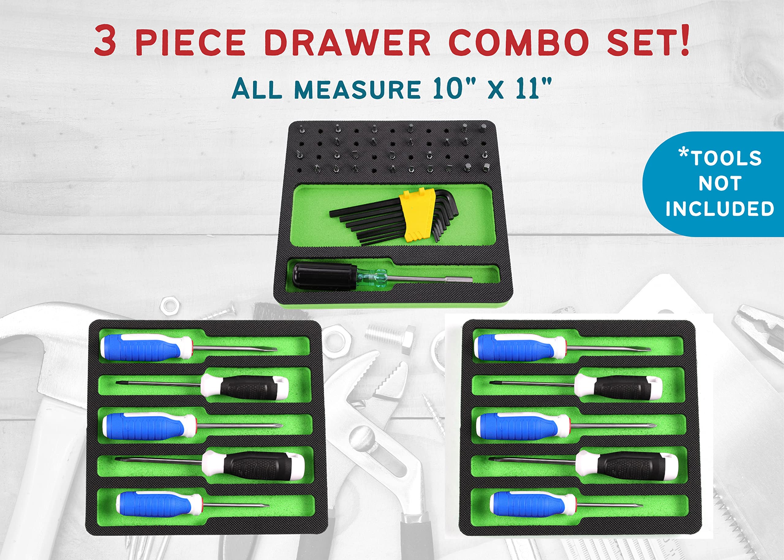Polar Whale Tool Drawer Organizer 3-Piece Screwdriver Bit Driver Insert Set Green and Black Durable Foam Holds Many Tools 10 x 11 Inch Trays Fits Craftsman Husky Kobalt Milwaukee Many Others