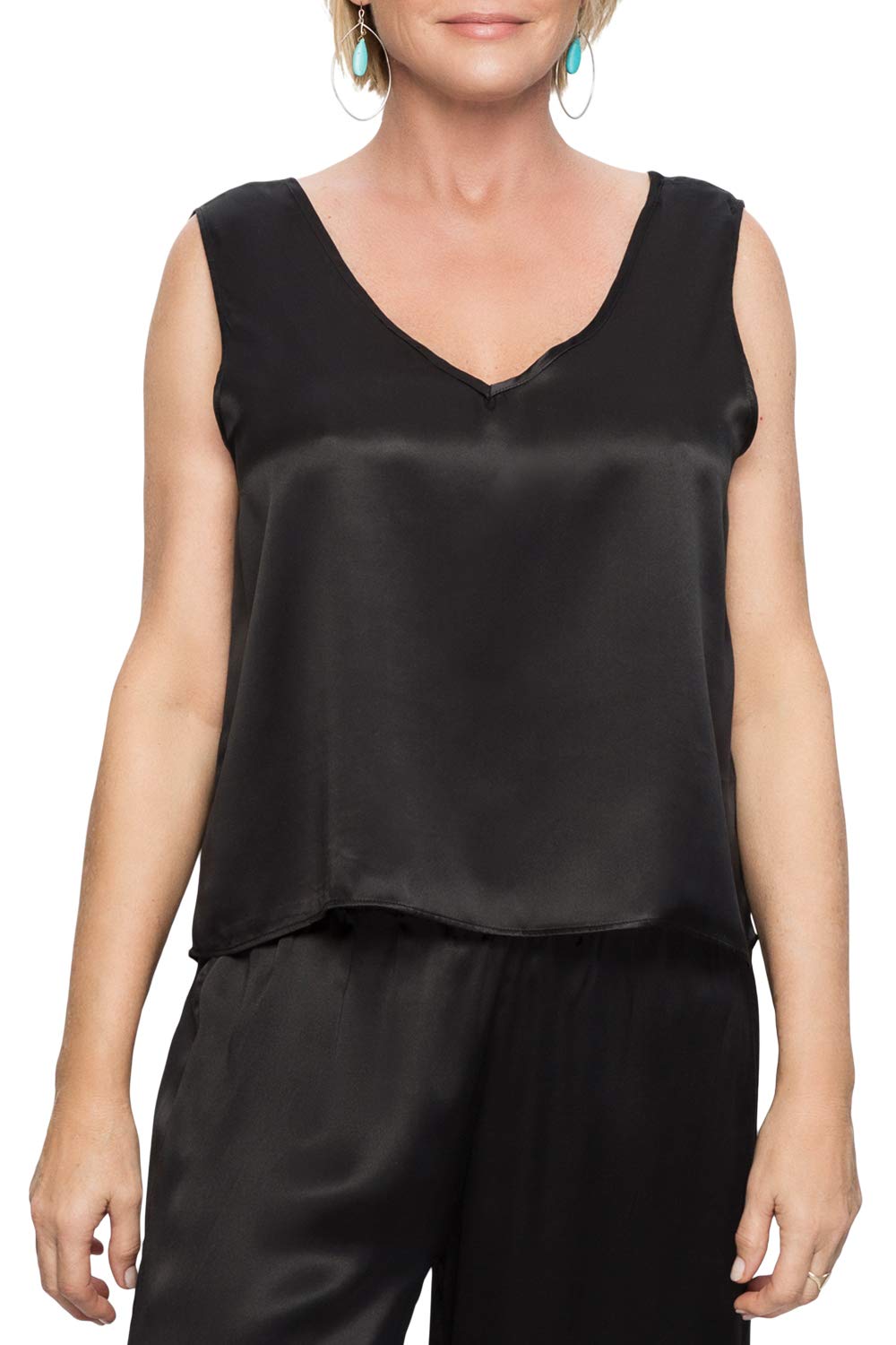 Women's 100% Pure Mulberry Silk Nightshirt V-Neck in Soft Luxury 16 Momme Pure Mulberry Silk Large Black
