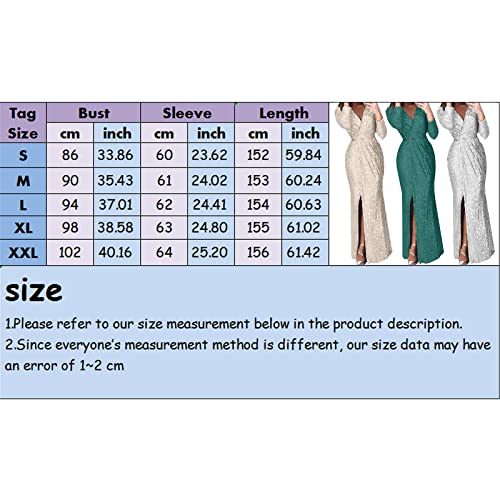 Women Glitter Maxi Dress Long Sleeve High Waist Wrap V-Neck Split Zipper Elegant Evening Dress Green
