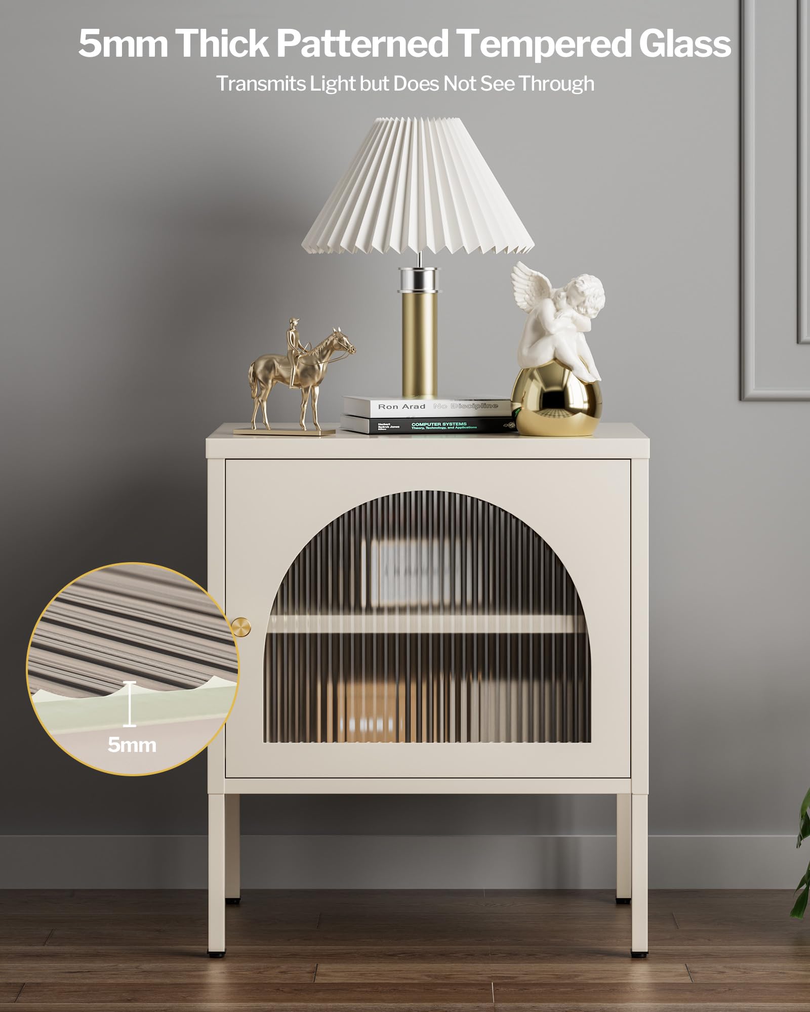 SICOTAS White Night Stand Bedside Table - Modern Nightstand with Cold-Rolled Steel Metal, Corrugated Tempered Glass Door, Storage Shelf, End Tables Side Tables with Storage Shelf for Bedroom