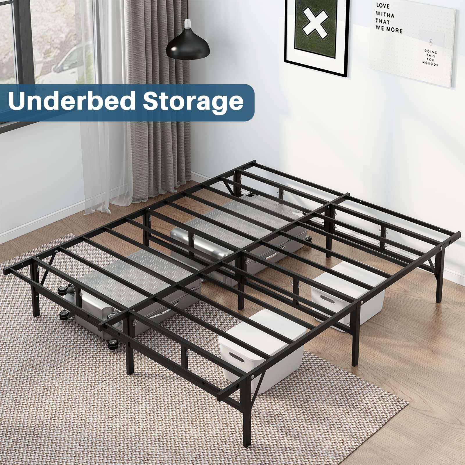 Saudism Metal Platform Bed Frame Full Size, 14 Inch Black Bed Frame, Mattress Foundation, No Box Spring Needed, Easy Assembly and Storage, Foldable, Steel Slat Support, Full