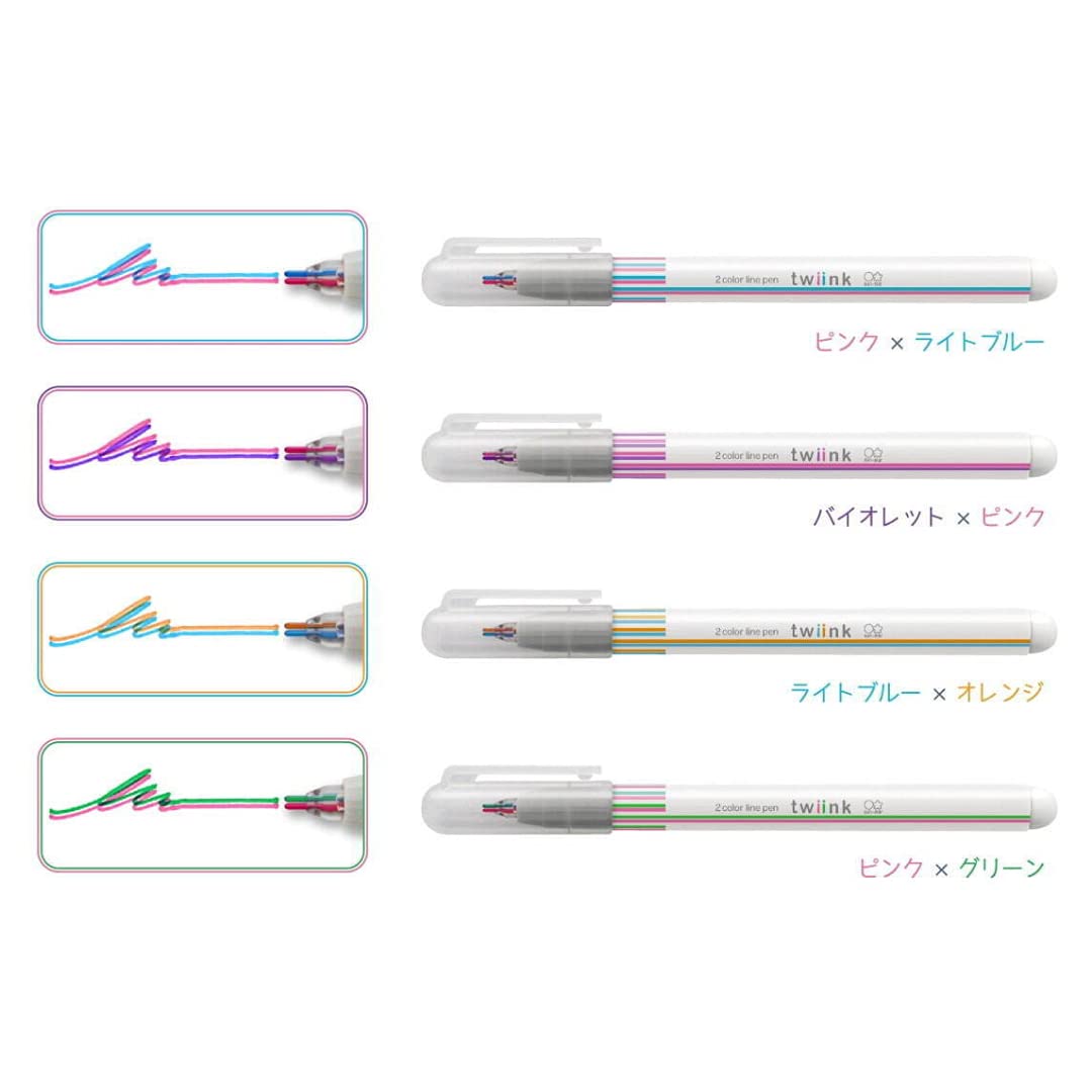 Sun-Star Stationery Two Color Line Pen'' twiink'' Different 4 Colors Pattern Set (Pink x Ligh Blue, Violet x Pink, Light Blue x Orange, Pink x Green)