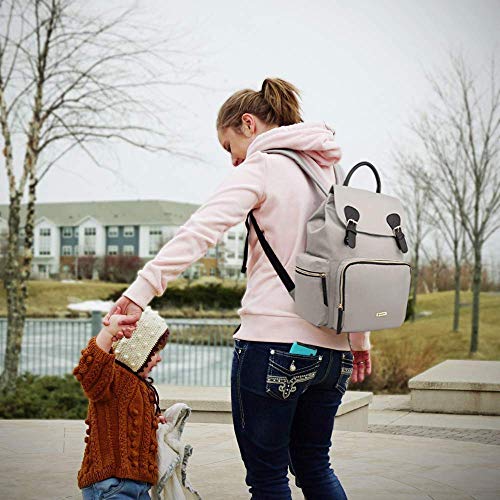Vogshow Waterproof Diaper Bag, Multifunction Stylish Travel Backpack with 2 Stroller Hooks, Gray
