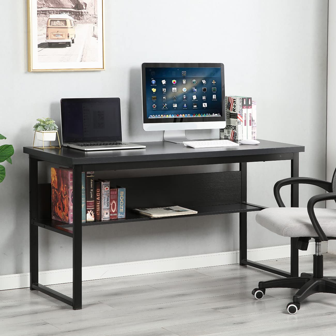 soges 54.7 inches Computer Desk Office Table Study Writing Desk with Bookshelf Storage Desk Home Office Desk Black LD-JB-01BW
