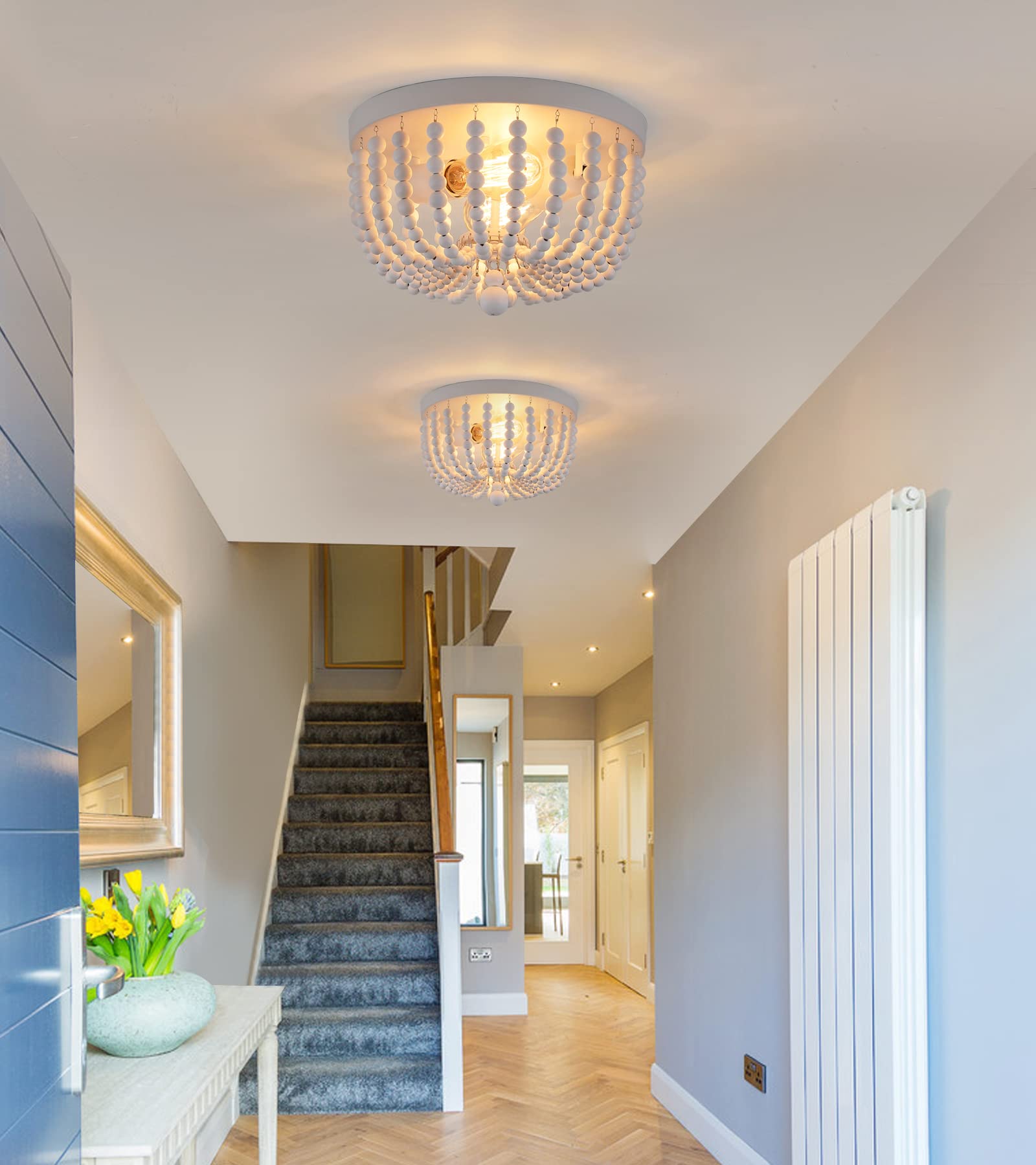Q&S White Flush Mount Ceiling Light Fixtures,2-Lights Wood Beaded Boho Chandeliers for Nursery Baby Bedroom Dining Room Living Room Kitchen Hallway W11.81