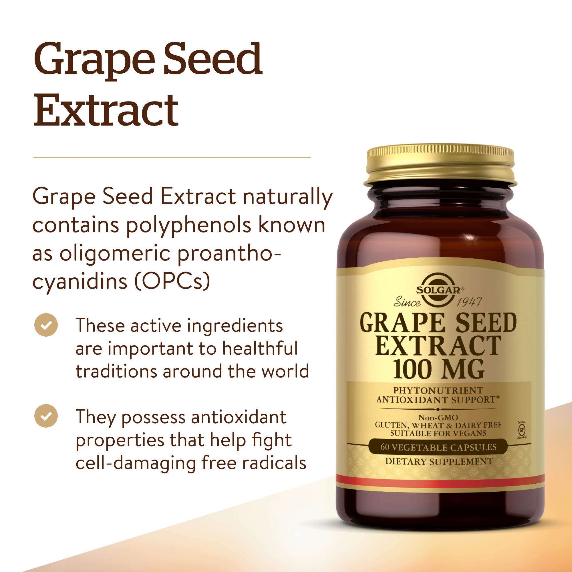 Solgar Grape Seed Extract 100 mg, 60 Vegetable Capsules - Phytonutrient Antioxidant Support - Cardio Support - Vegan, Gluten Free, Dairy Free - 60 Servings
