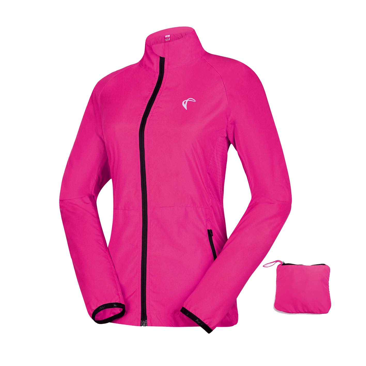 Women's Packable Windbreaker Jacket, Lightweight and Water Resistant, Active Cycling Running Skin Coat, Rose Red L
