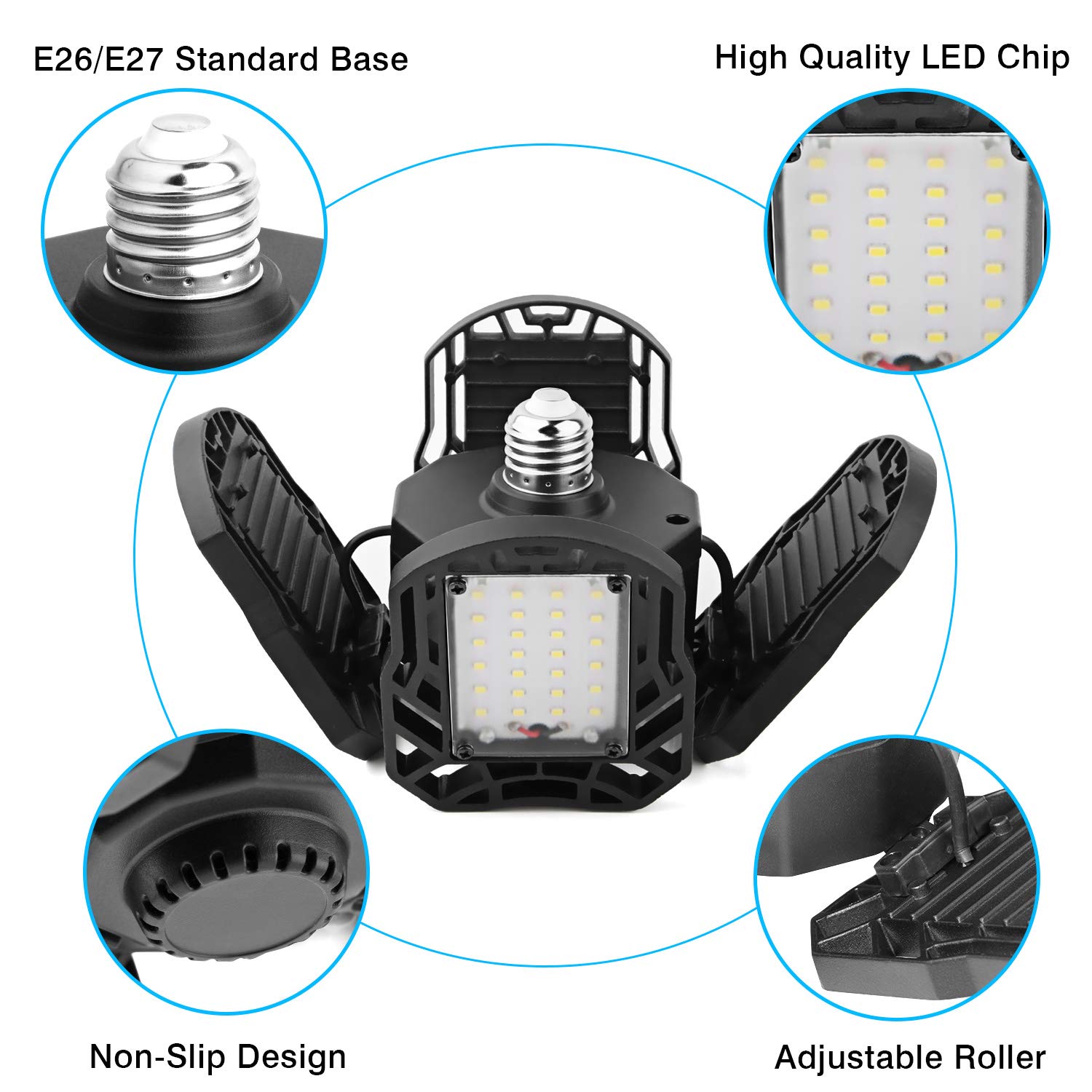 YeeSite LED Garage Lights, 100W Garage Ceiling Lights with 4 Folding Panels 10000LM, E26/E27 Sockets Included, Easy-Installation Shop Garage Lighting for Basement, Workshop, Barn, Warehouse(2 Pack)