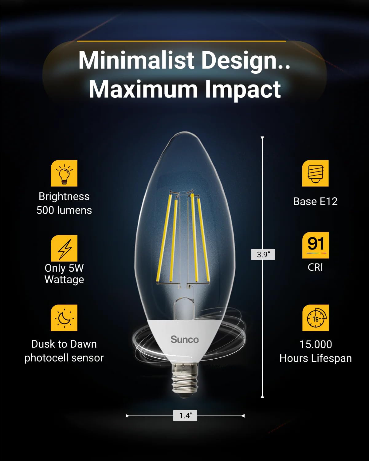 Sunco 6 Pack LED B11 Light Bulb Dusk to Dawn Candelabra, 5W Equivalent 40W, CRI91 2700K Soft White, 500 Lumens, Edison Vintage Filament E12 Base, Photocell Sensor for Sconces Chandeliers - UL