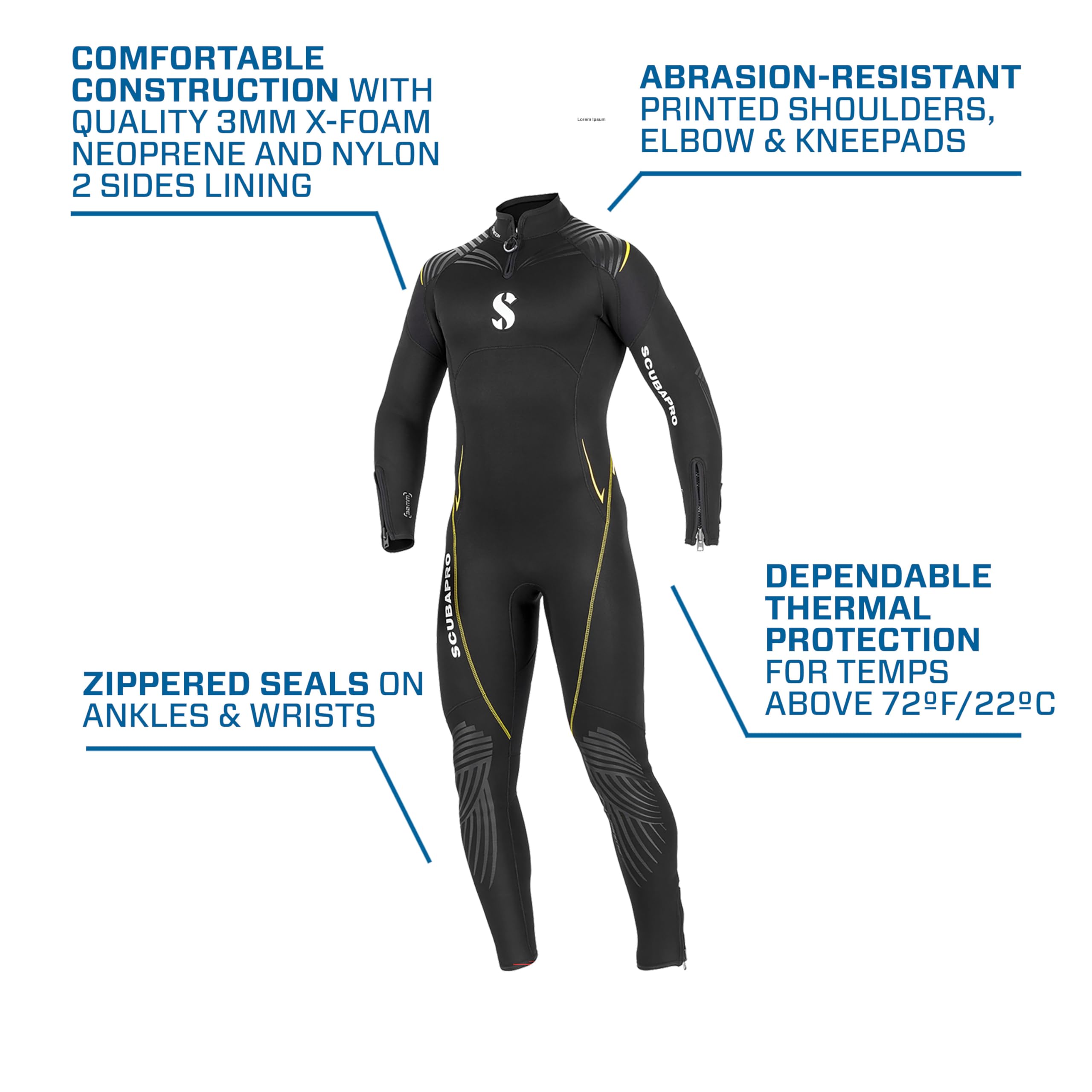 SCUBAPRO Definition Steamer Scuba Diving Wetsuit, 3mm Men Back Zip Neoprene, XL, Black/Yellow