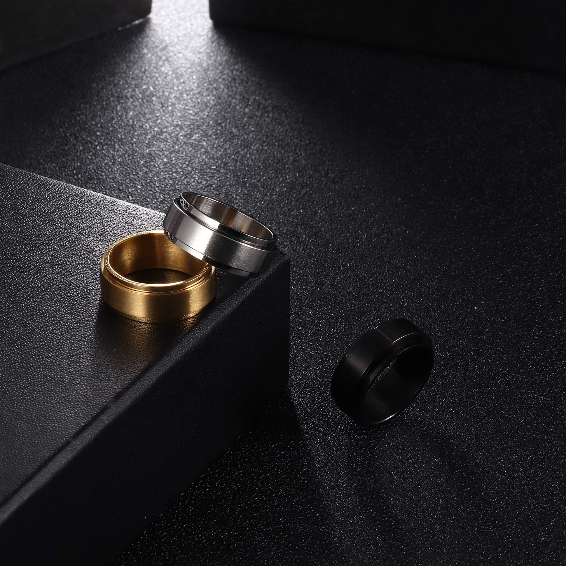 YADOCA 3 Pcs Stainless Steel Fidget Band Rings for Men Women Spinner Ring Set for Wedding Promise Silver Gold Black Tone Size 6