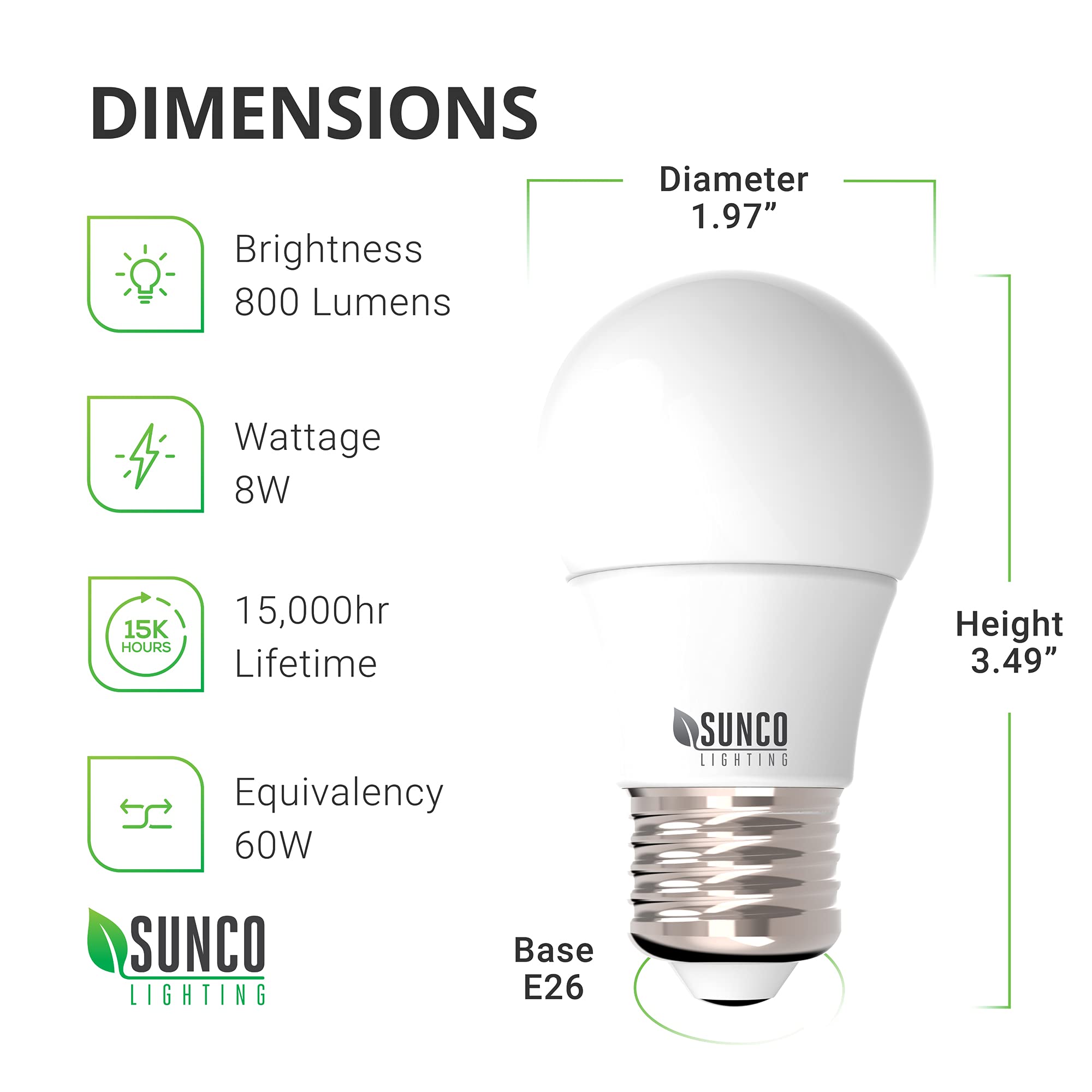 Sunco 8 Pack A15 LED Ceiling Fan Candelabra Light Bulbs E26 Medium Base CRI92 5000K Daylight 8W Equivalent 60W, 800 Lumens, Dimmable Waterproof Super Bright Appliance Indoor Outdoor - UL