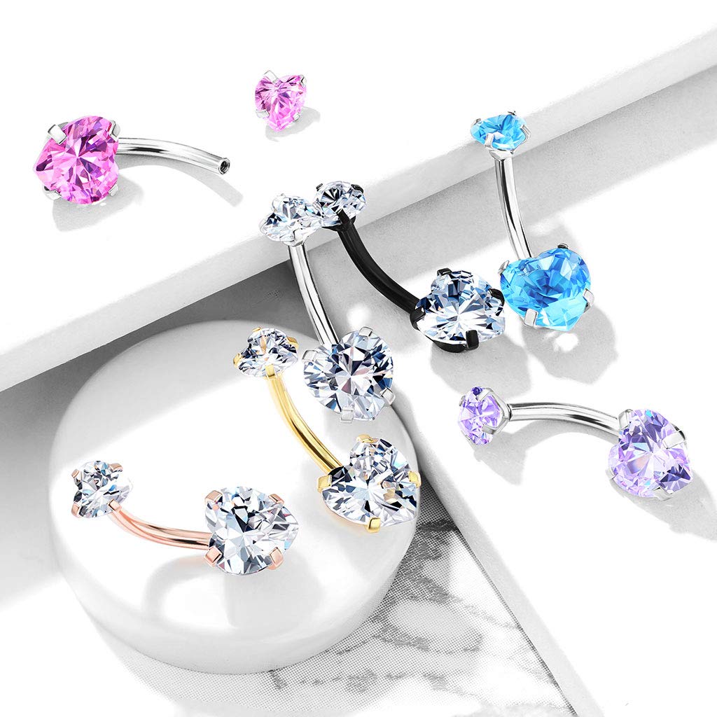 Pierced Owl 14GA Stainless Steel Internally Threaded Double Heart CZ Crystal Prong Set Belly Button Ring (Silver Tone/Pink)