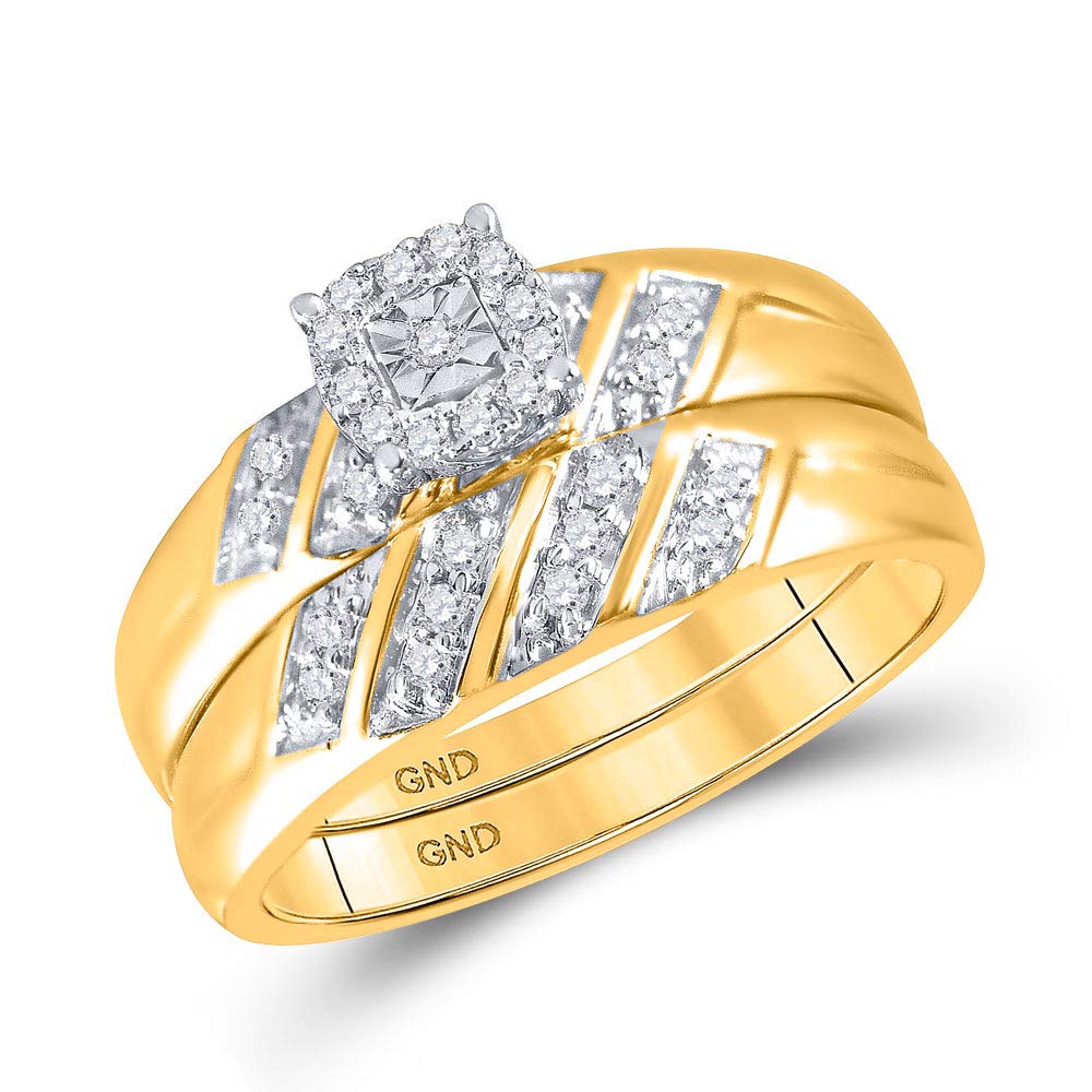 Sizes - L = 8, M = 11 - 10K Yellow Two Tone Gold Round Diamond Halo Circle Trio Three Ring Set - Matching His and Hers Engagement Ring & Wedding Bands - Prong Set Solitaire Center Setting Shape with Channel Set Side Stones (.28 cttw.) - Please use drop do