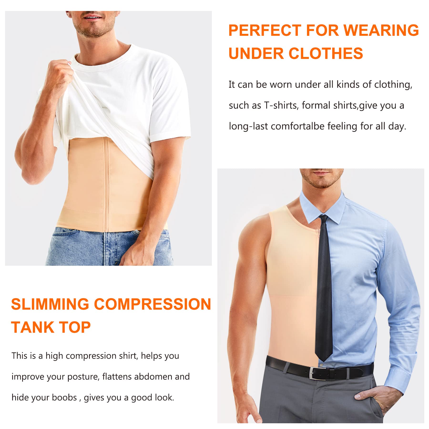 Wonderience Compression Shirts for Men Undershirts Slimming Body Shaper Waist Trainer Tank Top Vest with Zipper (Beige, XXX-Large)