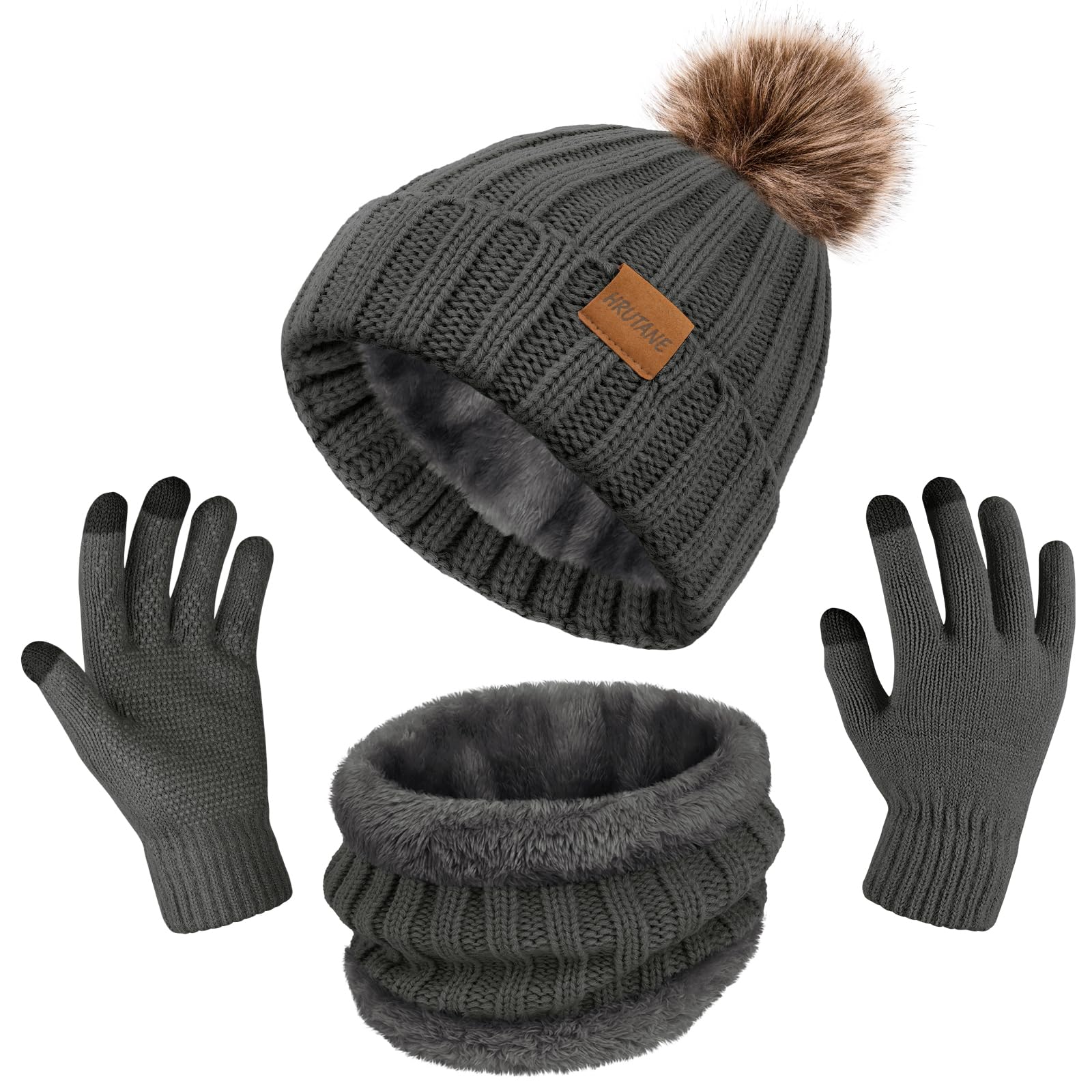 Womens Winter Hat and Scarf Set 3 Pcs, Thick Warm Knit Skull Cap Neck Warmer TouchScreen Gloves, Beige