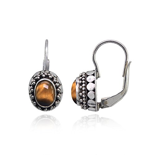 Sterling Silver Simulated Tiger's Eye Thick Oxidized Bali Bead Leverback Drop Earrings