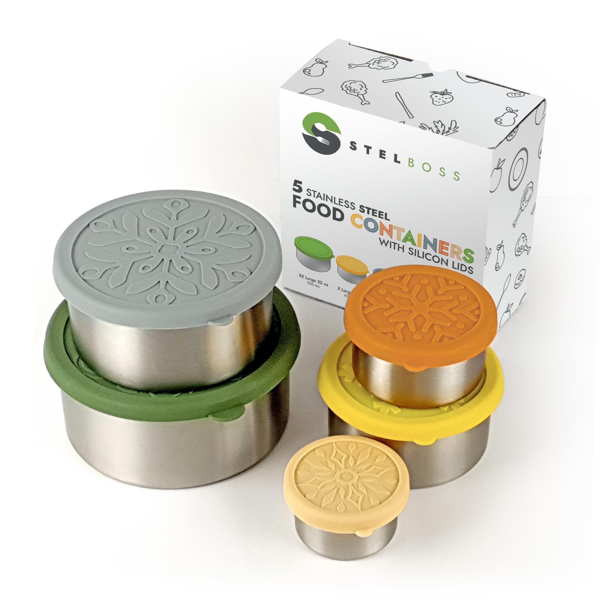 Stelboss Stainless Steel Containers with Lids Set of 5 - Reusable Airtight Stainless Steel Lunch Container - Leak Proof with 5 Sizes 32oz, 21oz, 13oz, 6oz & 3oz - Perfect for Meal Prep and Storage