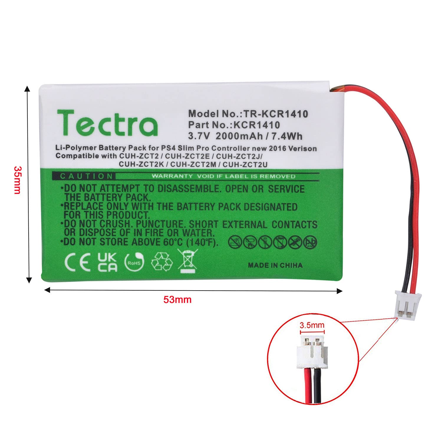 Tectra 3.7V 2000mAh KCR1410 Battery for Sony PS4 Slim/Pro Wireless Dual Shock Controller CUH-ZCT2, CUH-ZCT2U, New 2016 Version (Small Plug)