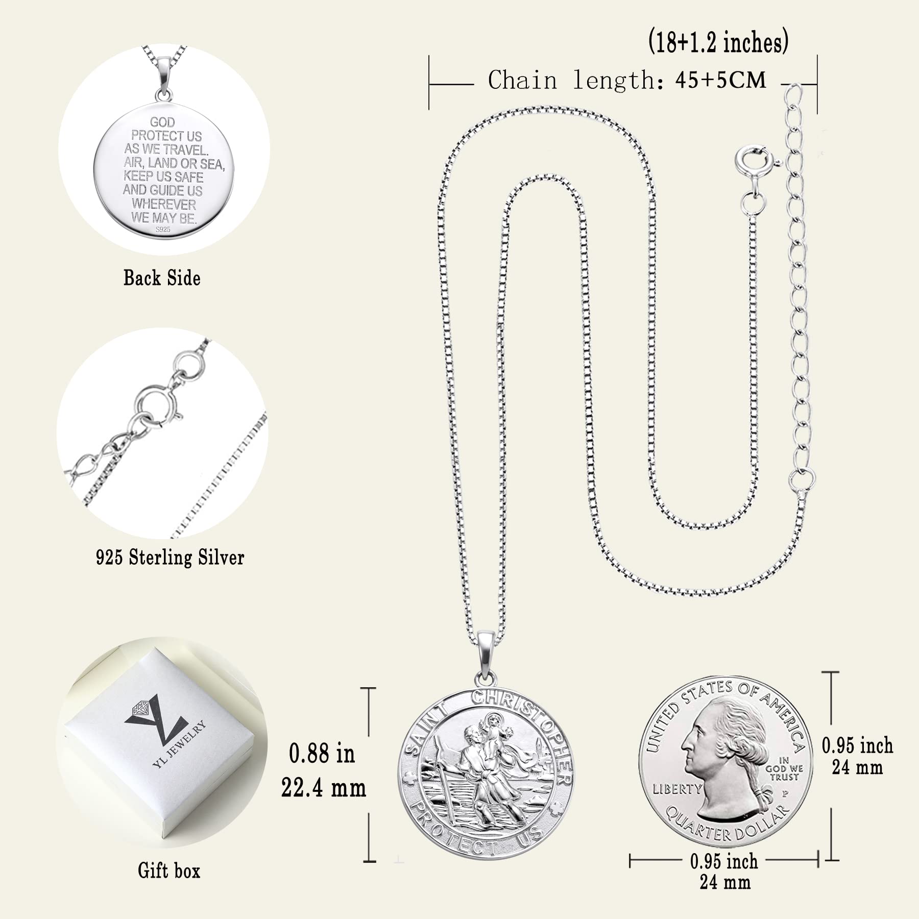 YL St Christopher Pendant Saint Medal Necklace 925 Sterling Silver Religious Engraved Medallion, 18"