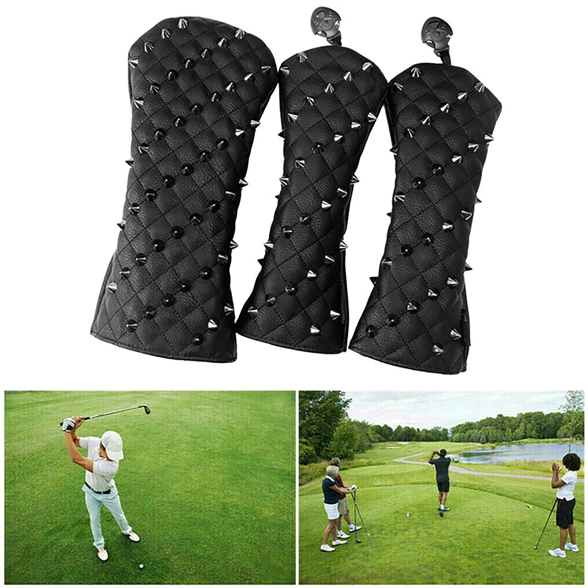 Yajun PU Golf Head Covers Golf Club Driver Fashion Rivets Headcovers for #1 Driver #3#5 Fairway Wood Golf Protector 3Pcs,White
