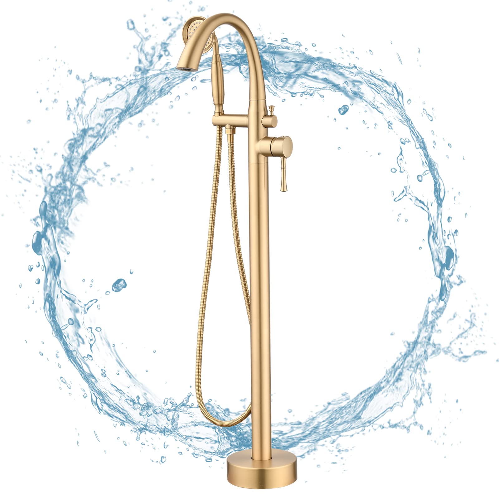 PROOX Freestanding Bathtub Faucet Floor Mounted, High Flow Free Standing Tub Filler with Hand Sprayer, Swivel Spout - Brushed Gold