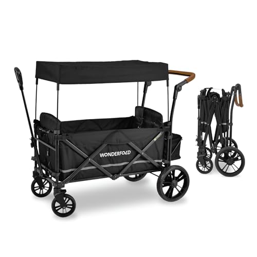 WONDERFOLD X2 Push & Pull Double Stroller Wagon (2 Seater) - Collapsible Wagon Stroller with 5-Point Seatbelt Harnesses, Push & Pull Handles, & Removable Sun Canopy, Stone Gray