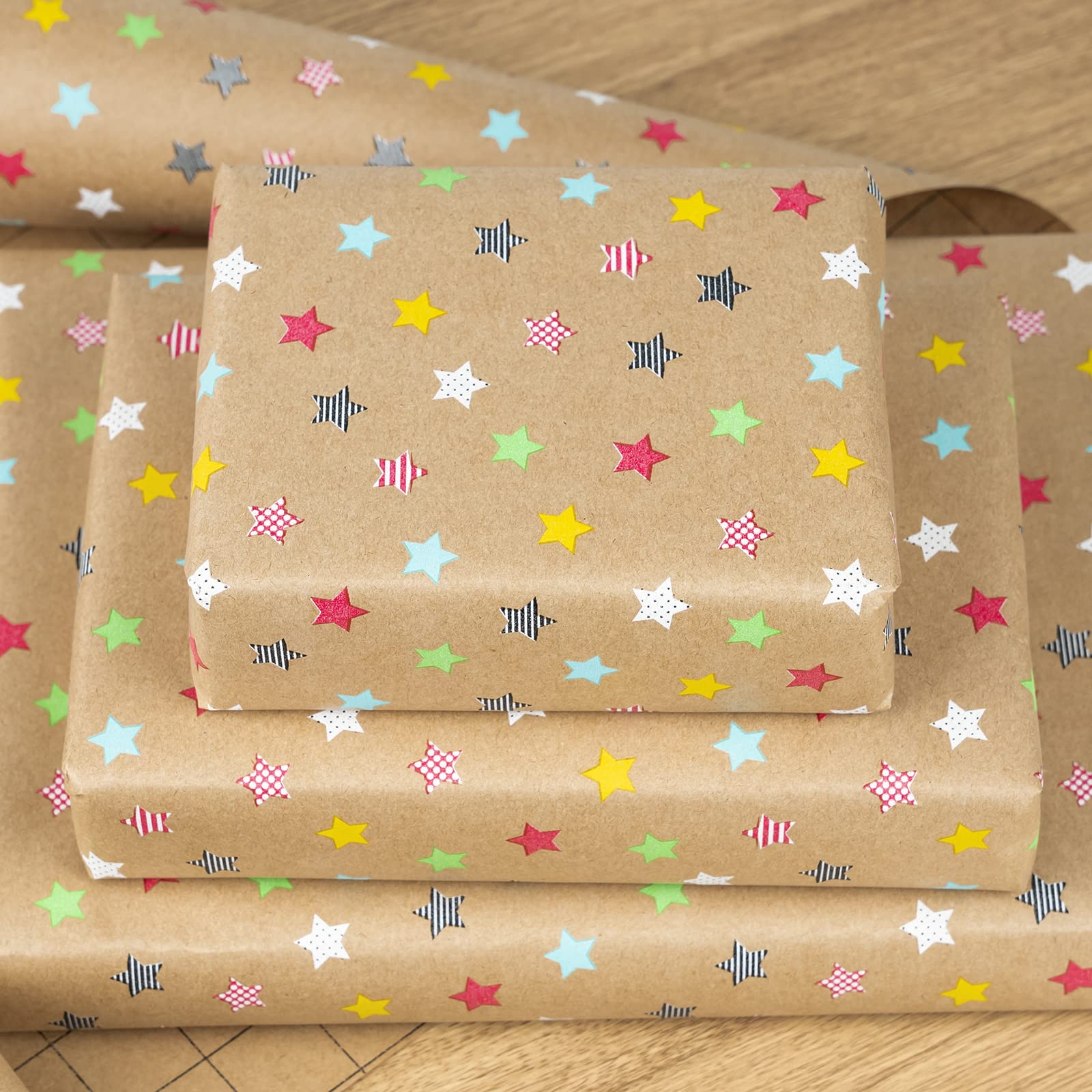 RUSPEPA Kraft Wrapping Paper Roll - Mini Roll - Colorful Star Design for All Occasions - 17 Inches X 32.8 Feet