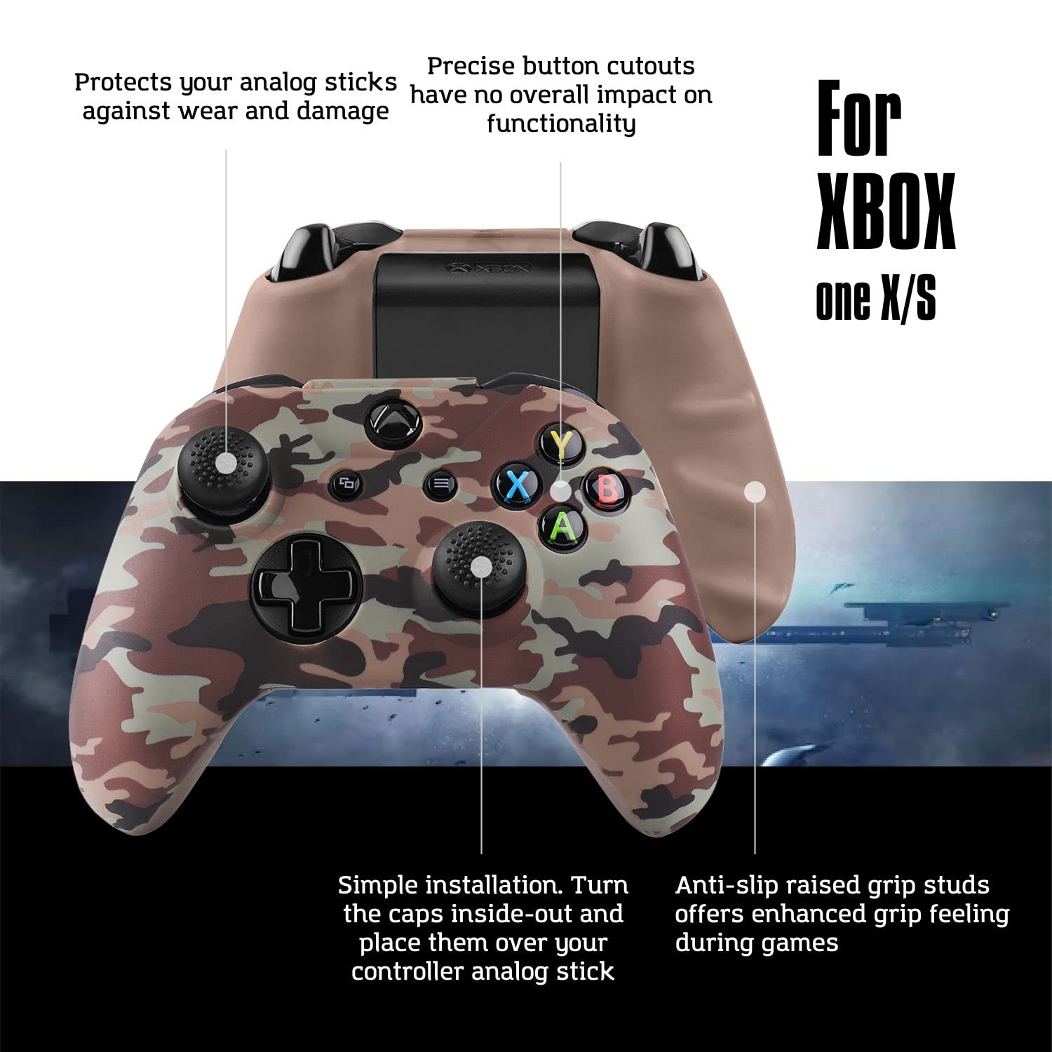 TNP Silicone Skin for Xbox One Controller - Controller Cover for Xbox One S | One X - Anti-Slip Silicone Controller Case Sleeves with 4 Large 4 Small Thumb Grip Caps, Dessert Camo